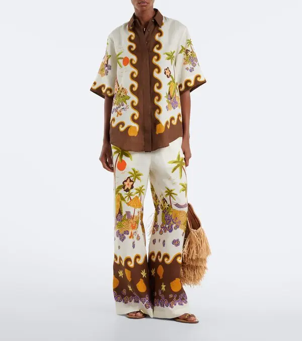 ALEMAIS Island Cove Printed Linen Wide-leg Trousers