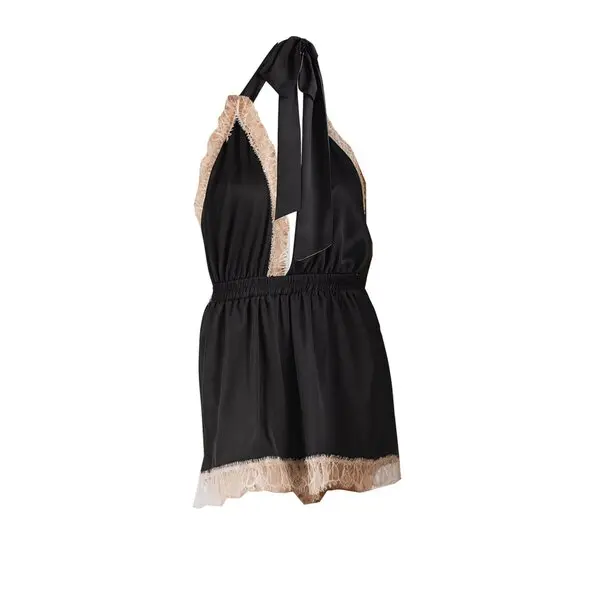 NOBLESSE OBLIGE Lace Trimmed Halter Neck Short Romper - Black