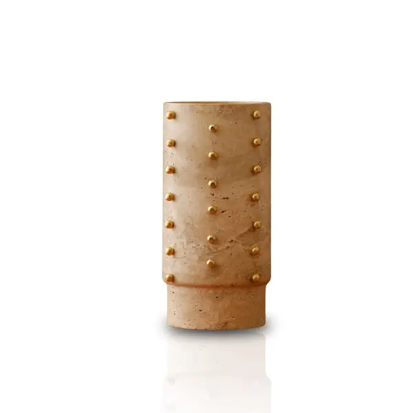 MARLETH Neutrals Brass Stud Travertine Vase, Stone