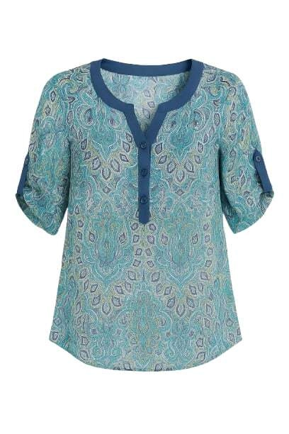 CONQUISTA Printed Poplin Top With Petrol Trim
