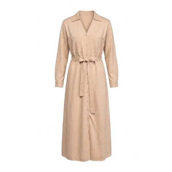 TANTRA SPAIN SL Long Knit Shirt Dress With Chest Pockets And Belt - Beige
