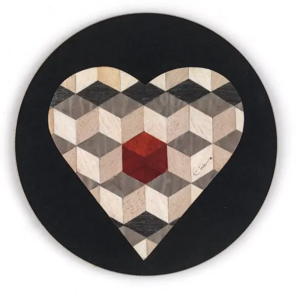 E. INDER DESIGNS Black / White / Red Six Placemats Set. Heart Design High Gloss Melamine For Heat Resistance. Black Red Ten Inch Or Twenty Five Centimetres Diameter Please Measure Plate Before Purchase - Black/white/red
