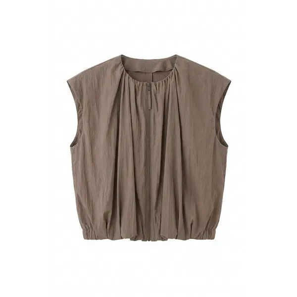 RUE LES CREATEURS Neutrals Camel Zippered Short Sleeve Vest - Beige