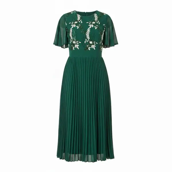 YUMI Sequin Embroidered Pleated Midi Dress