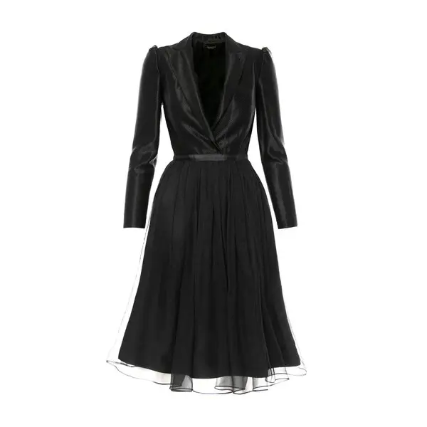 AVENUE N°29 Silk V-neck Lapel Dress With Gathered Midi Skirt - Black