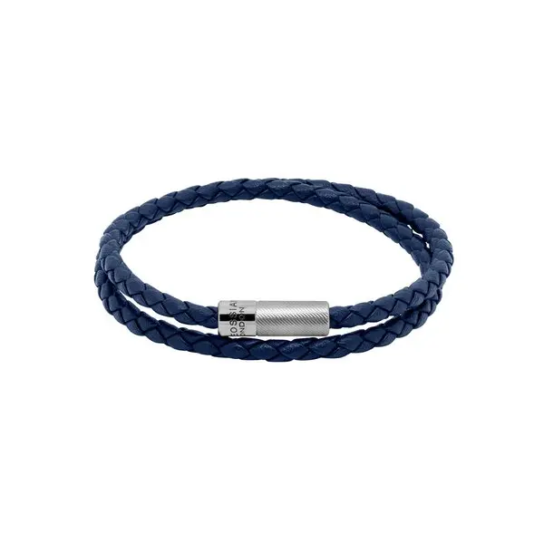 Tateossian Silver / Blue Pop Rigato Double Wrap Leather Bracelet In Navy - Silver/blue