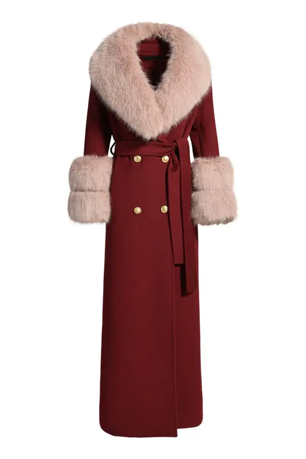 HORTONS ENGLAND Mayfair Cashmere Coat Burgundy Pink Fur - Red