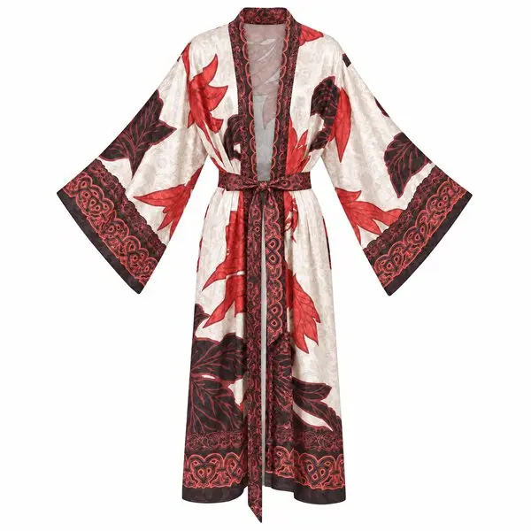 Loveist Store Brown / Red Sahara Botanical Print Jacquard Satin Kimono - Brown/red