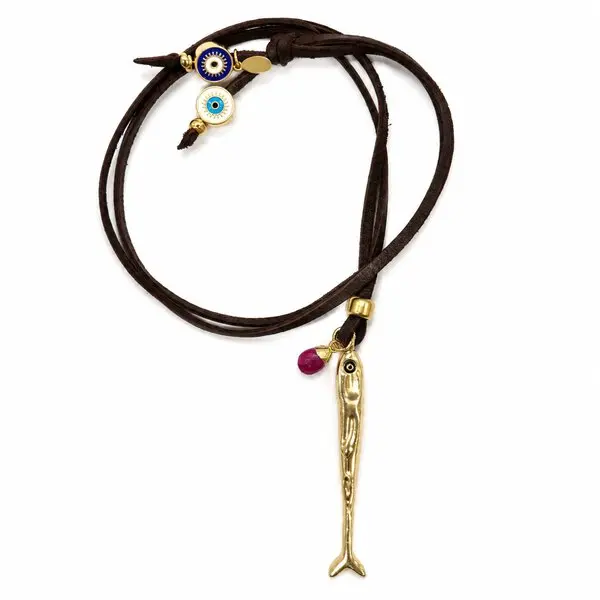 Persia Donà Jewelry Skinny Fish Leather Cord Necklace With Garnet And Evil Eye Charms - Gold