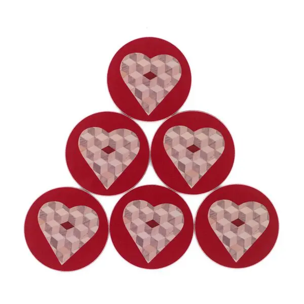 E. INDER DESIGNS Set Of Six Coasters In Heart Design With Border. Pink And Grey. Luxe High Gloss Melamine. Heat Resistant - Red