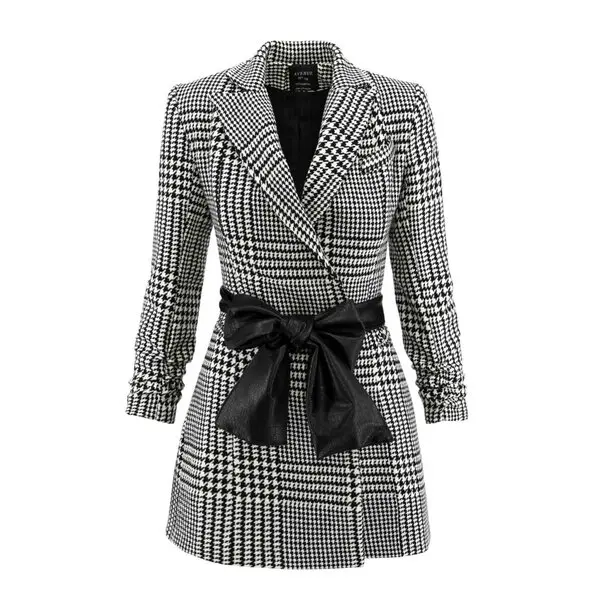 AVENUE N°29 Houndstooth Wool Blazer Dress With Contrast Belt