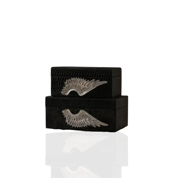 MARLETH Black / Silver Set Of Two Black Leather Boxes With Silver Wing Detail