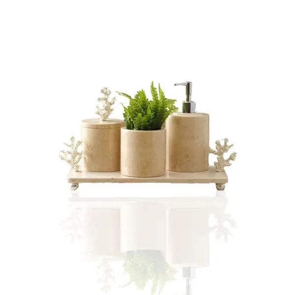 MARLETH Neutrals Luxury Four Pieces Marble Bathroom Set & Beige Marble, Golden Accents - Beige/yellow