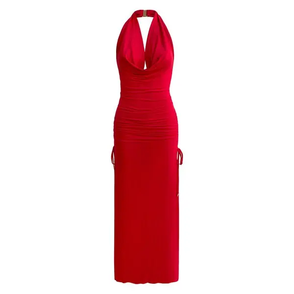 WHY MARY Venus Cowl Neck Halter Maxi Dress - Red
