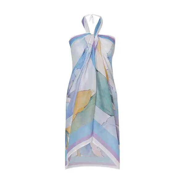 DHARA SHETH, DUBAI Blue / White Fleur Botanical Print Floral Resort Halter-style Cotton Sarong - Blue/white