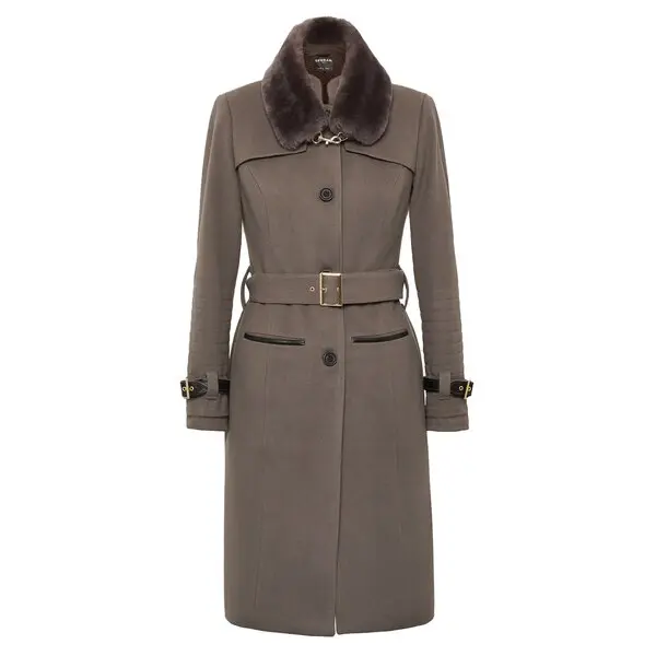 SERRAN LONDON Single-breasted Detachable Fur Collar Wool Coat - Grey