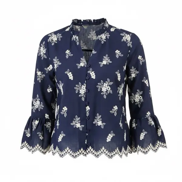 YUMI Navy Broderie Shirt With Fluted Sleeves
