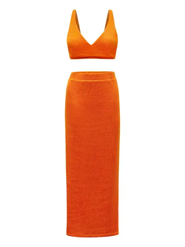 WHY MARY Arancia" Ribbed Knit Crop Top And Maxi Pencil Skirt Set - Orange