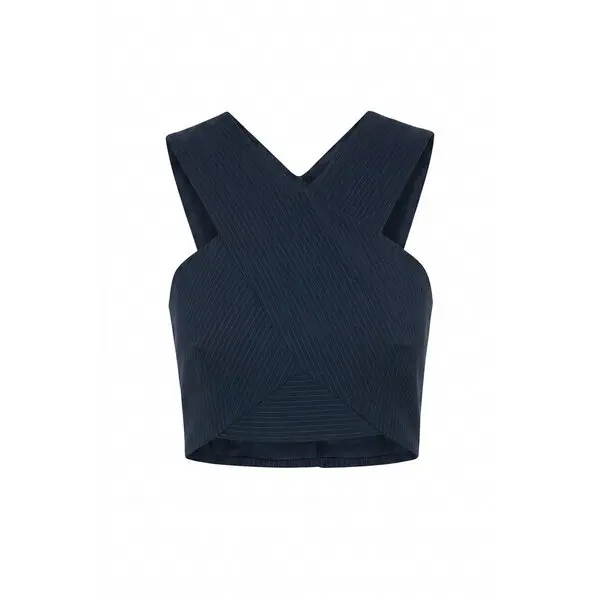 RUE LES CREATEURS Navy Asymmetric Striped Crop Bustier