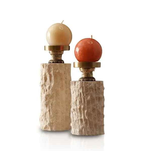 BELS & PEARL Neutrals Set Of Two Handmade Travertine Candle Holders – Brass & Stone Sculptural Duo - Yellow