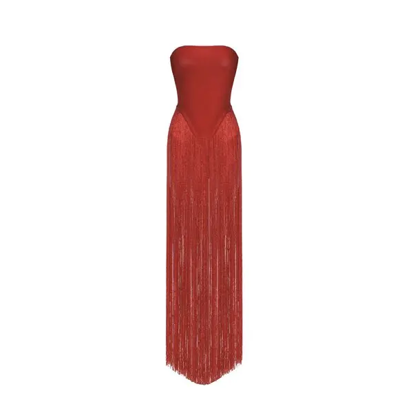 DECOLET THE LABEL Scarlet Fringe Bodysuit Gown - Red