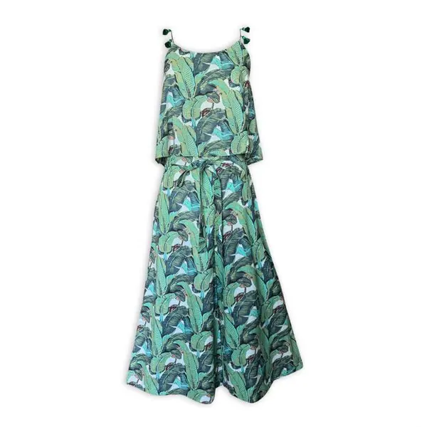 PICK HAPPY Cotton Wide Pant And Silk Tassel Top Set - Green