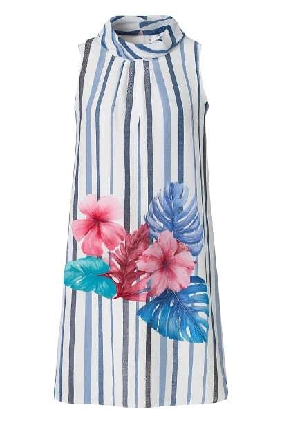 CONQUISTA Sleeveless Print Dress With Upright Collar - Blue
