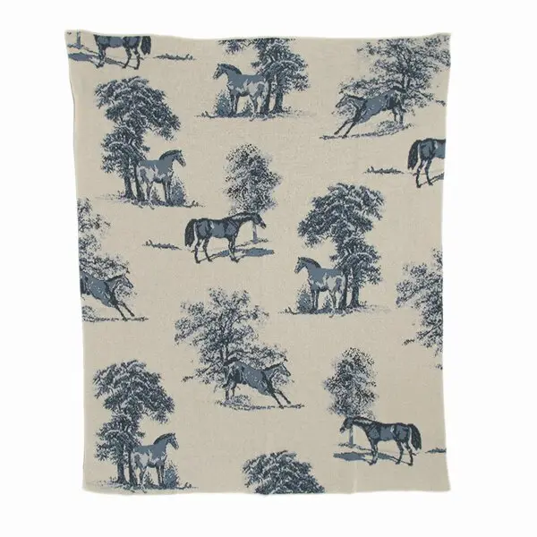 In2green Cotton Sustainable Knit Throw Blanket Equestrian Toile - Blue
