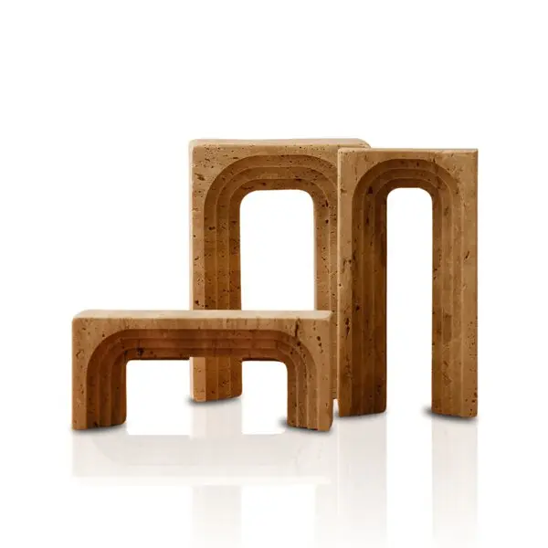 MARLETH Neutrals Set Of Three Handmade Travertine Sculptures, Stone & Layered Arch Form