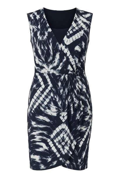 CONQUISTA Sleeveless Faux Wrap Print Dress With Uneven Hemline