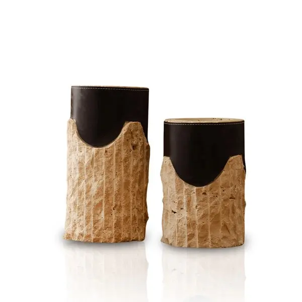MARLETH Neutrals Set Of Two Travertine Vases Beige Stone & Brown Leather Detail - Black