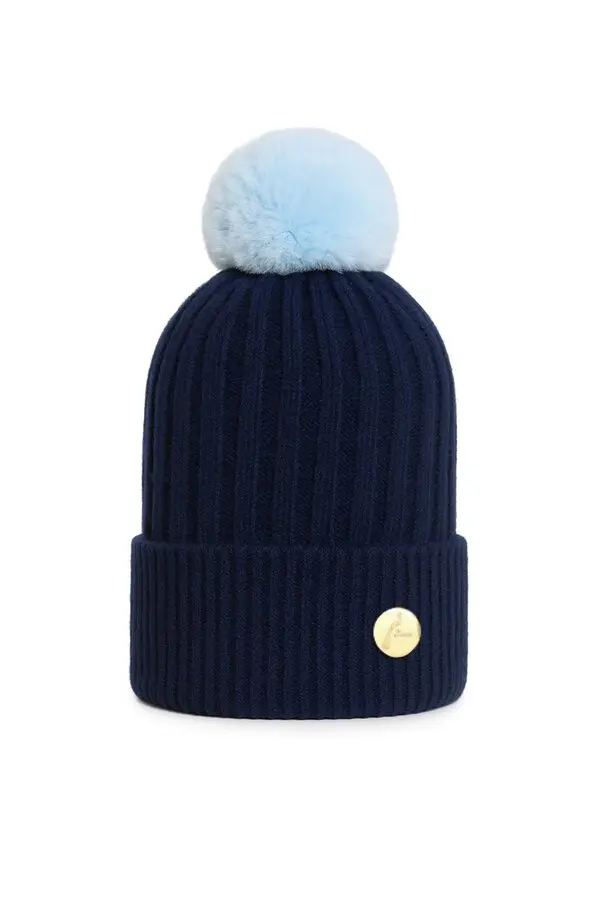 HORTONS ENGLAND Ribbed Cashmere Beanie Navy With Pom Pom - Blue