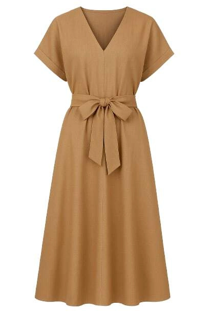 CONQUISTA Beige Linen Style Belted Midi Dress