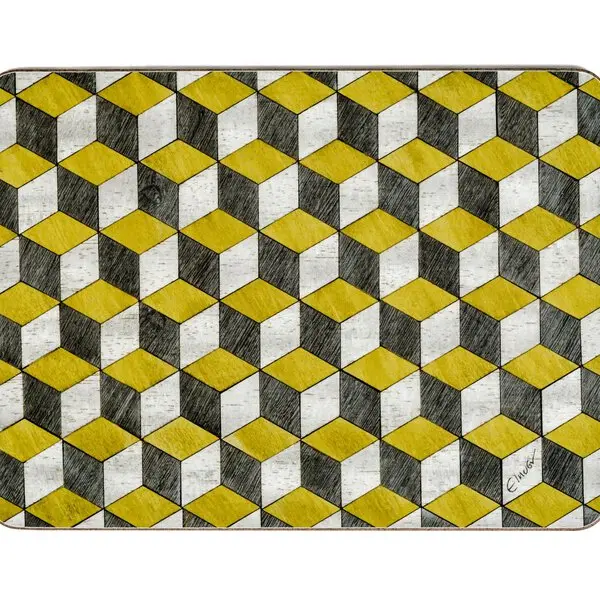 E. INDER DESIGNS Two Large Placemats In Retro Style Geometric Design In And Greys With Heat Resistant Melamine Coating - Yellow