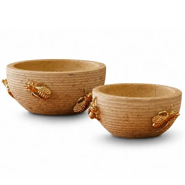 BELS & PEARL Set Of Two Travertine Bowls With 24k Bees - Gold