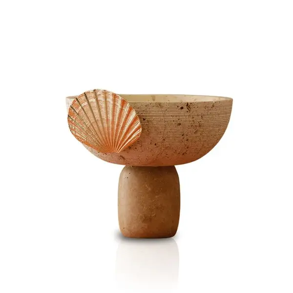 MARLETH Neutrals Travertine Bowl With Coral Shell Accent