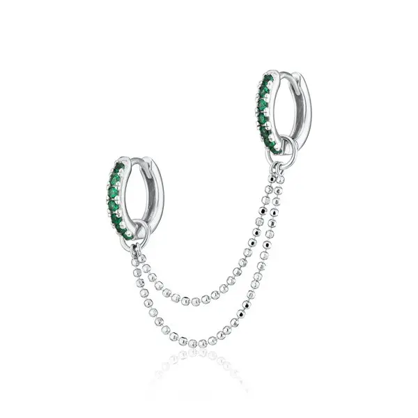 SCREAM PRETTY Emerald Green Double Chain Huggie Earring - Silver