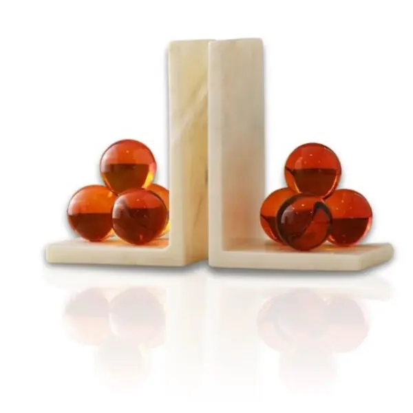 BELS & PEARL White / Orange Marble Bookends With Amber Crystal Spheres – Set Of Two - White/orange