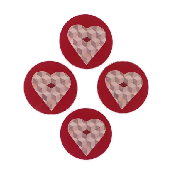 E. INDER DESIGNS Round Coaster Set Of Four In High Gloss Melamine. Stylish Pink Grey Heart Design For Someone Special - Red