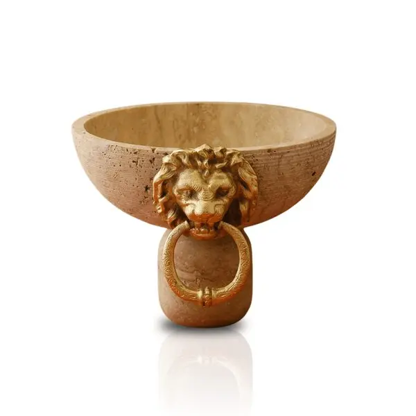 MARLETH Neutrals / Travertine Lion Bowl With Brass Ring Handle