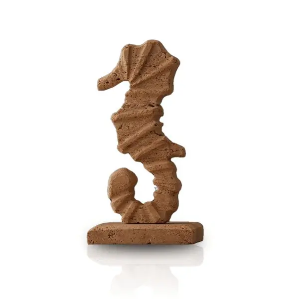 MARLETH Handmade Seahorse Travertine Sculpture – Terracotta Stone Coastal Accent - Brown