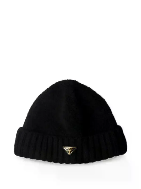 Prada Fleece And Wool Beanie With Enameled Triangle Logo - Black