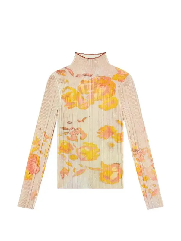 DIESEL® Ribbed Wool Turtleneck Top With Floral Print
