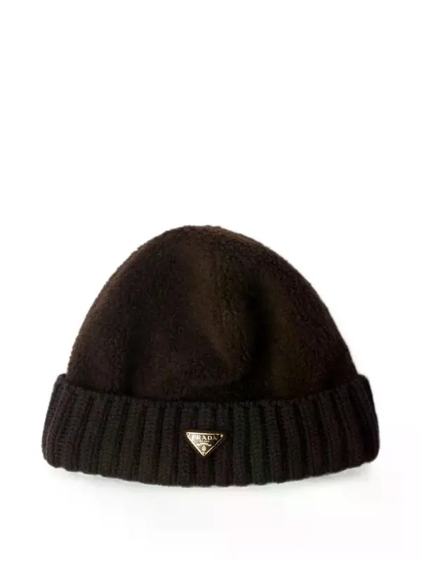 Prada Fleece And Wool Beanie With Enameled Triangle Logo