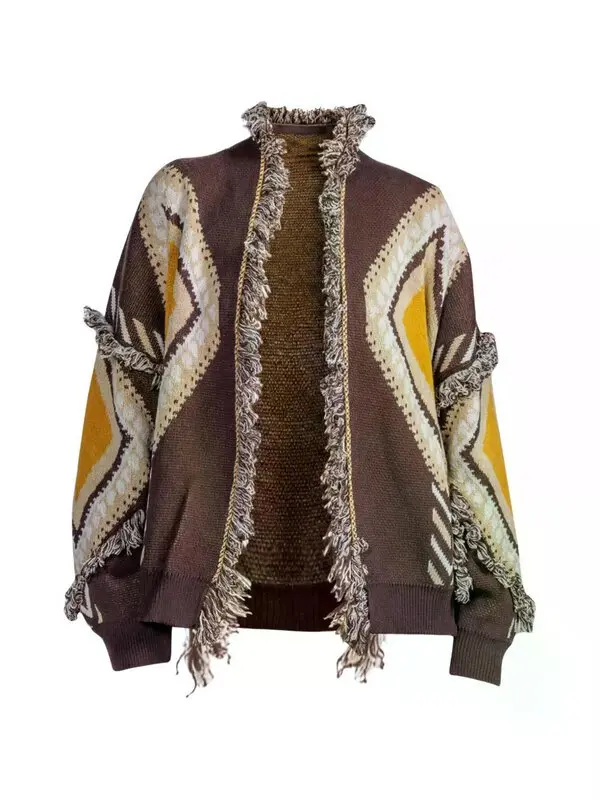 TENSIONE IN Geometric Pattern Fringed Cardigan
