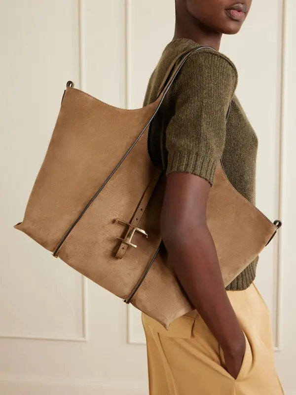 TOD'S T Timeless Suede Shoulder Bag - Neutrals