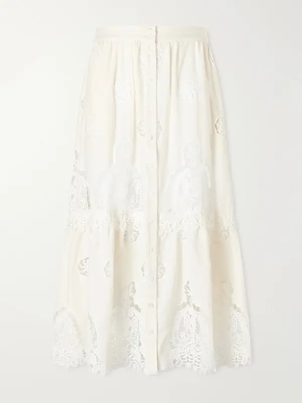 Miguelina Carolina Guipure Lace-trimmed Cotton-blend Maxi Skirt - Neutrals