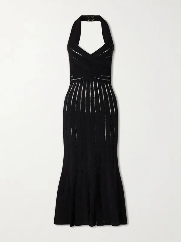 Balmain Halterneck Knit Jersey Midi Dress With Fluted Hem - Black