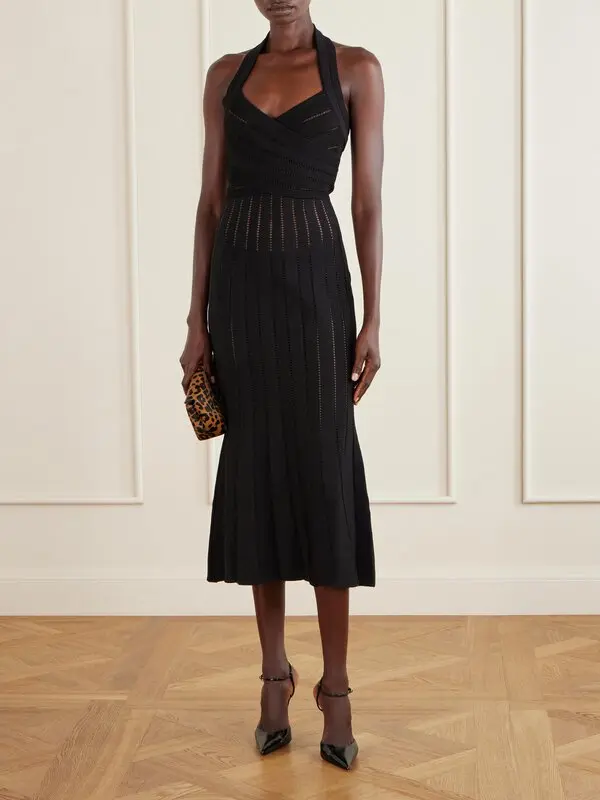 Balmain Halterneck Knit Jersey Midi Dress With Fluted Hem