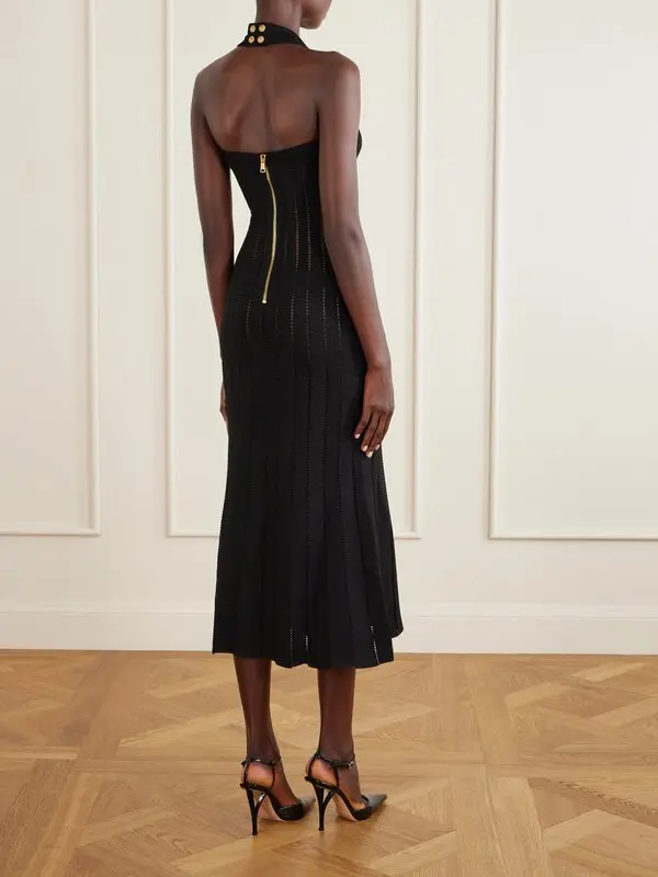 Balmain Halterneck Knit Jersey Midi Dress With Fluted Hem